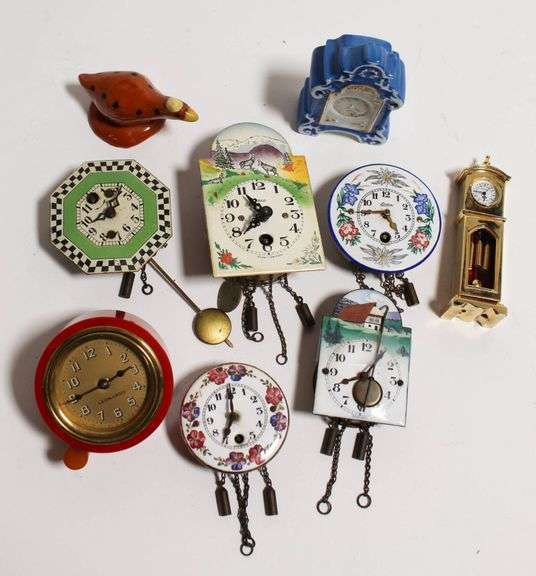 ENAMEL MINIATURE WALL CLOCKS AND BROKEN BAKELITE DESK CLOCK WITH ...