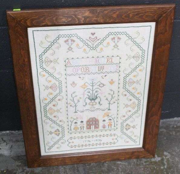 FRAMED EMBROIDERED SAMPLER WITH WOOD FRAME. - Auction Ohio