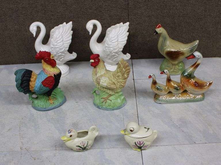 8 Ceramic Animal Figurines, Including Swans, Roosters, Ducks, and Hens ...