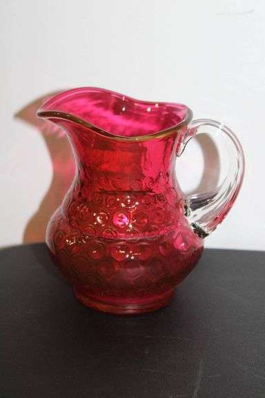 Ruby Red Glass Pitcher With Textured Bubble Design and Clear Handle ...