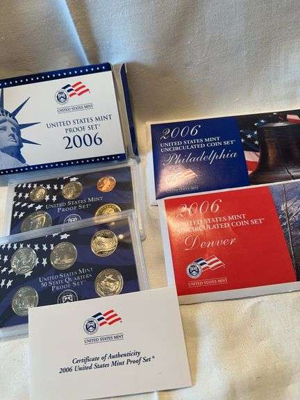 One US Mint proof set from 2006 with quarters, 2 uncirculated sets ...