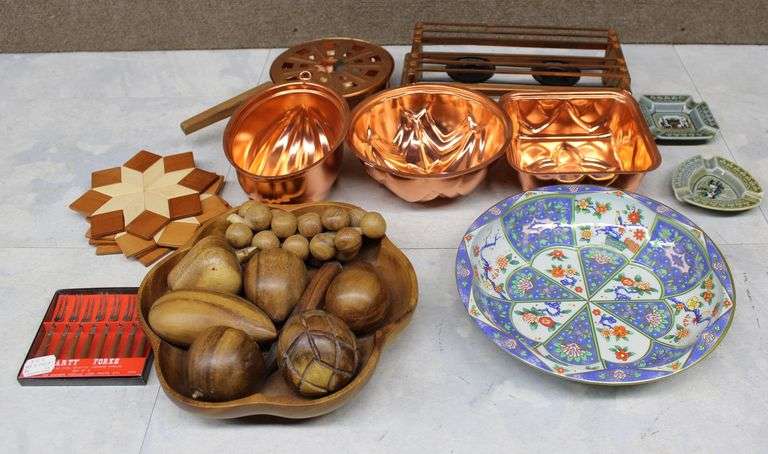 Copper Molds, Irish Pottery, Wooden Fruit Bowl, and Decor Items ...