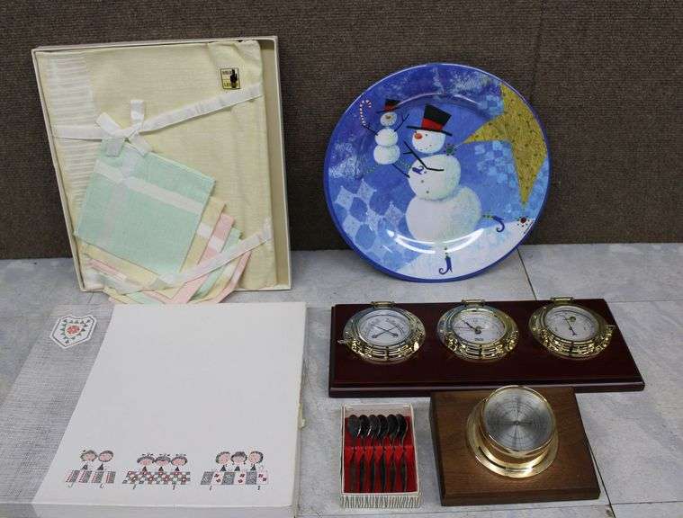 Home Decor Items Including Snowman Plate, Linens, Weather Stations, and ...