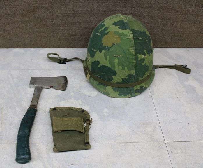 Military Helmet with Camouflage Cover, Axe, and Canvas Pouch - Auction Ohio