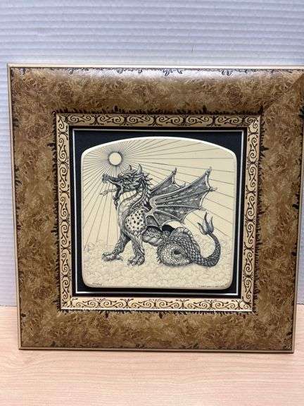 Framed Decorative Dragon Art Tile with Unique Inscription, 12 x 10 ...