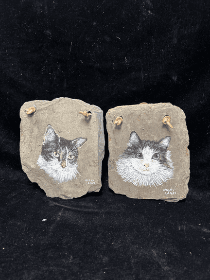 Hand-Painted Slate Tiles Featuring Black and White Cats Signed by Nicki ...