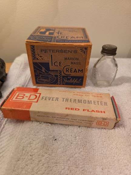 Fever thermometer, bayer glass jar, Peterson ice cream box - Auction Ohio