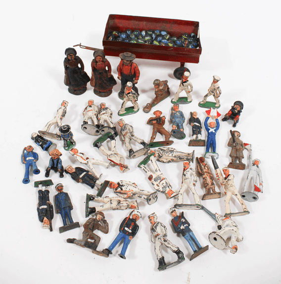 LEAD FIGURES, TIN CART WITH CONTEMPORARY MARBLES. - Auction Ohio