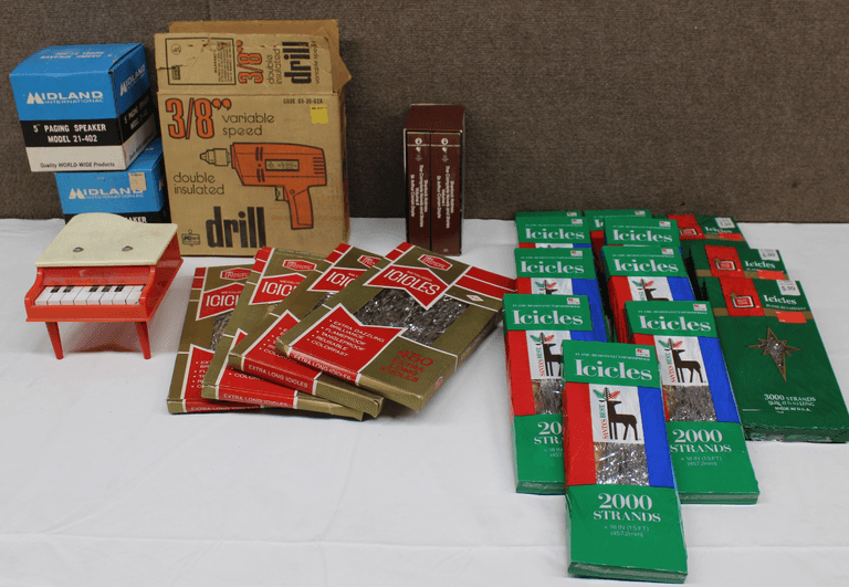 Vintage Holiday Icicles, Toy Piano, Midland Speakers, and Drill Set ...