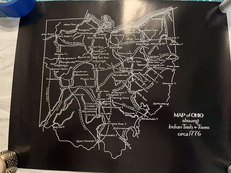 20 x 16” Map of Ohio showing Indian trails and towns circa 1776 ...
