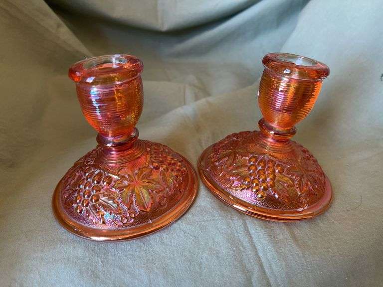 Orange Carnival Glass Candlestick Holders - Apexx Auctions