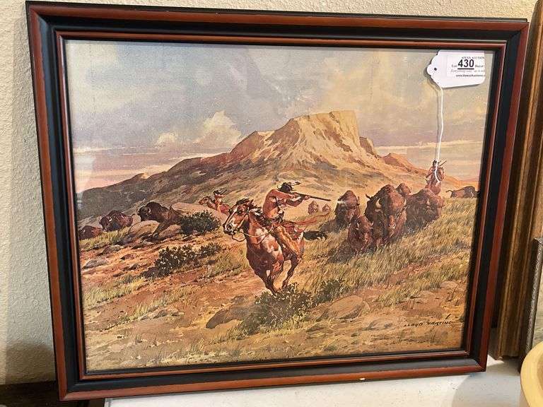 Frames Native American Bison Hunt Print by Lloyd Harting - Apexx Auctions