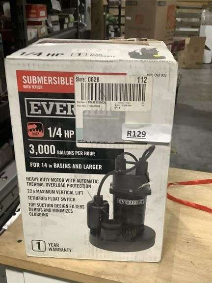 Everbilt 1/4 Hp Submersible Sump Pump With Tether -- Grade: A - Auction HUB Texas