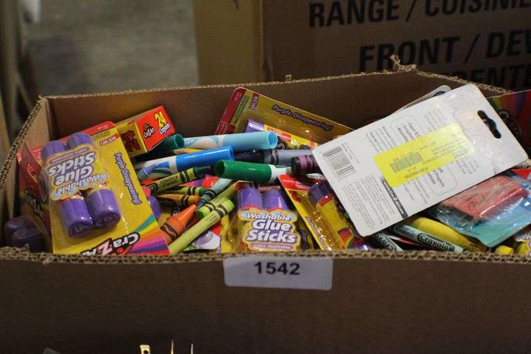 BOX OF CRAYOLA CRAYONS, CRAYOLA GLUE, MARKERS AND MORE - Auction HUB Texas