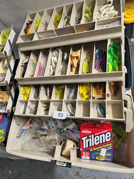 Vintage Cantilever Tackle Box with Assorted Fishing Lures. A multi ...