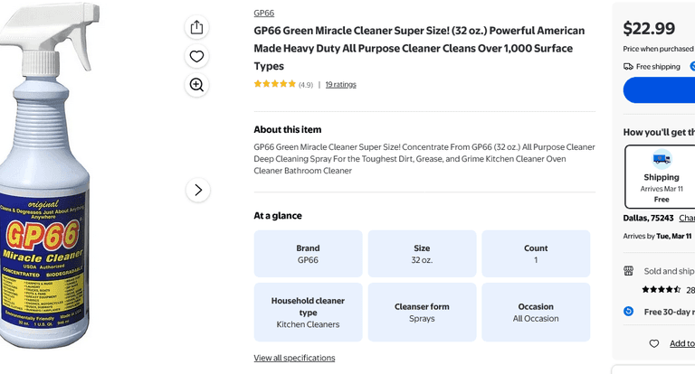 GP66 GREEN MIRACLE CLEANER SUPER SIZE! (32 OZ.) POWERFUL AMERICAN MADE ...