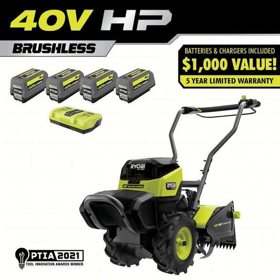 MSRP: $999.00] RYOBI 40V HP Brushless 18 in. Battery Powered Rear Tine ...