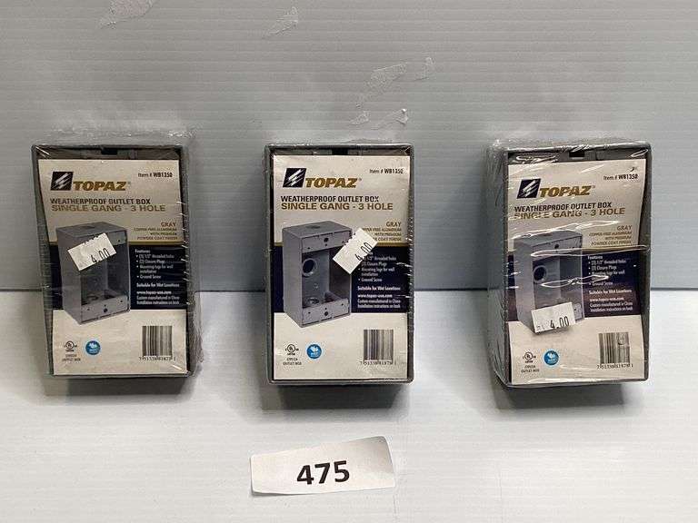 TOPAZ WEATHERPROOF OUTLET BOX SINGLE GANG 3-HOLE GRAY - Auction HUB Texas