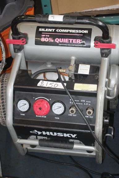 HUSKY 4.5 GAL. 175 PSI OIL FREE QUIET TWO STACK AIR COMPRESSOR W/WHEELS ...