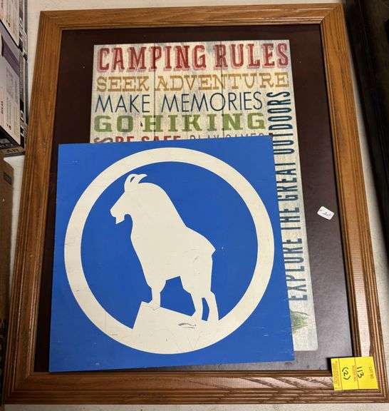 Camping Print in Frame and Goat Walking Wooden Plaque - Auction ...