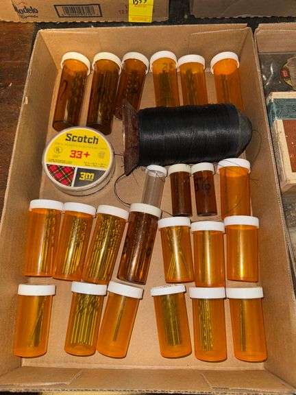 Assortment of Drill Bits, Scotch Tape, and Black Thread - Auction ...
