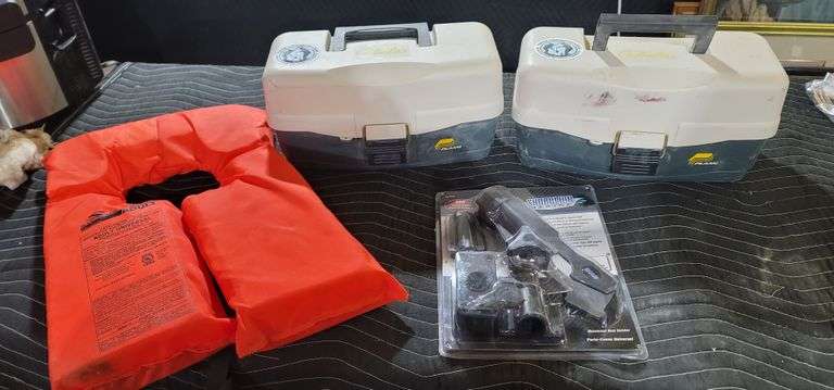 2 Plano plain fishing tackle boxes, Life Vest. & Universal rod holder ...