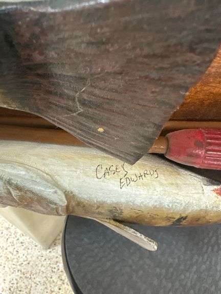 Casey Edwards Signed Wood Carved Bass on Fishing Pole Wall Hanging ...