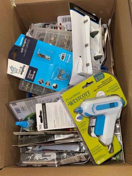 Box of Assorted Hardware Items Including Command Strips, Hot Glue Gun ...