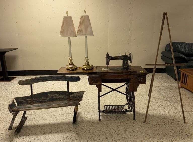 White Rotary Sewing Machine with Accessories, Wooden Wagon Bench ...