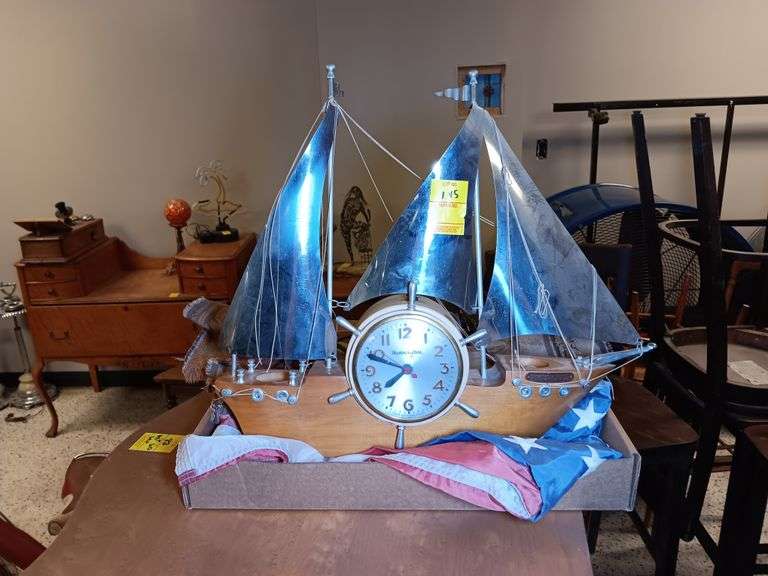 Mastercrafters "Flying Cloud" Electric Ship Clock with American Flag and Tapestry - Auction ...