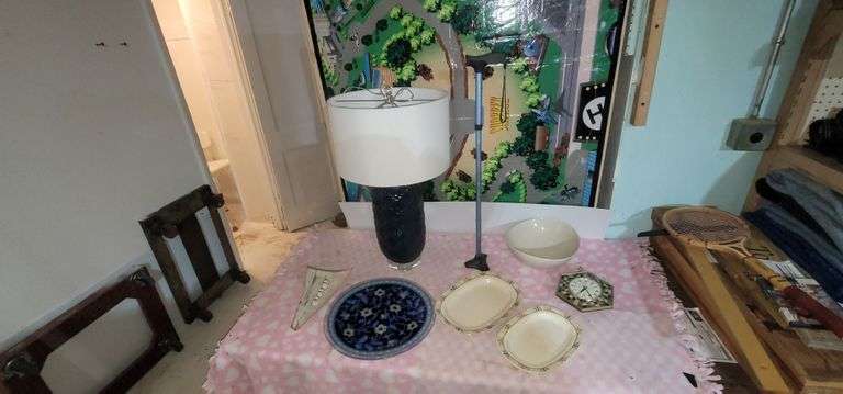 Peggy Karr Anemones Fused Glass Plate , lamp, vintage ash tray, Edwin M ...