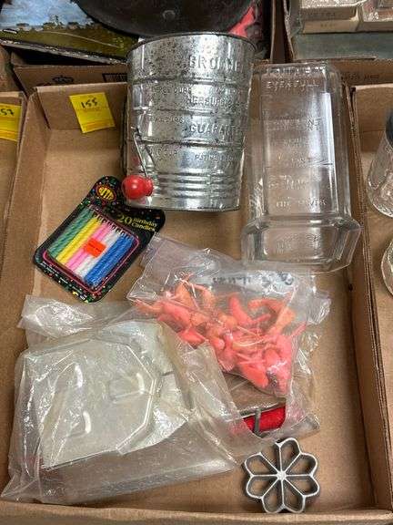 Brommells Antique Sifter, Glass Square Measuring Cup, Bird Candle ...