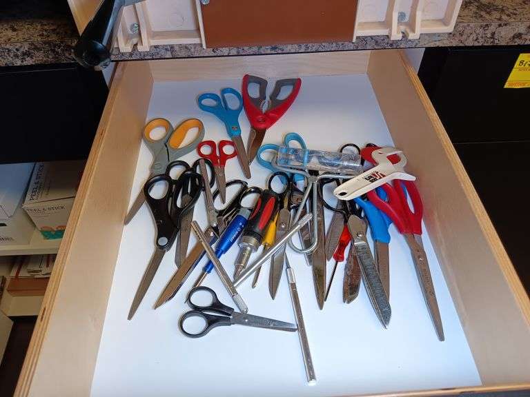 Drawer of Scissors, X-Acto Knives, Screwdrivers, and Rollers - Auction ...