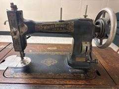 White Rotary Sewing Machine with Accessories, Wooden Wagon Bench ...