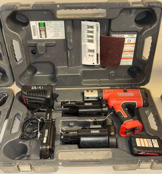 Ridgid RP 210 Press Tool in Case w/ 3 attachments, battery, and charger ...