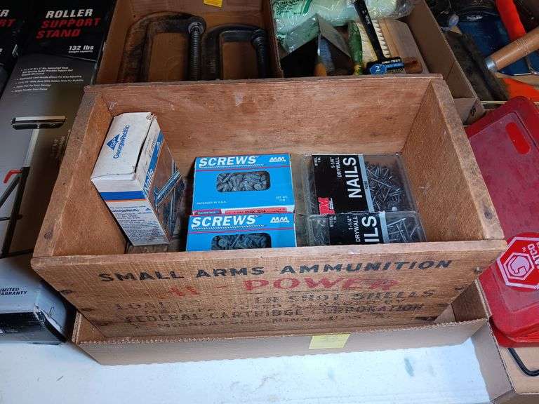 Small Arms Ammunition Wooden Box with Assortment of Screws and Nails ...