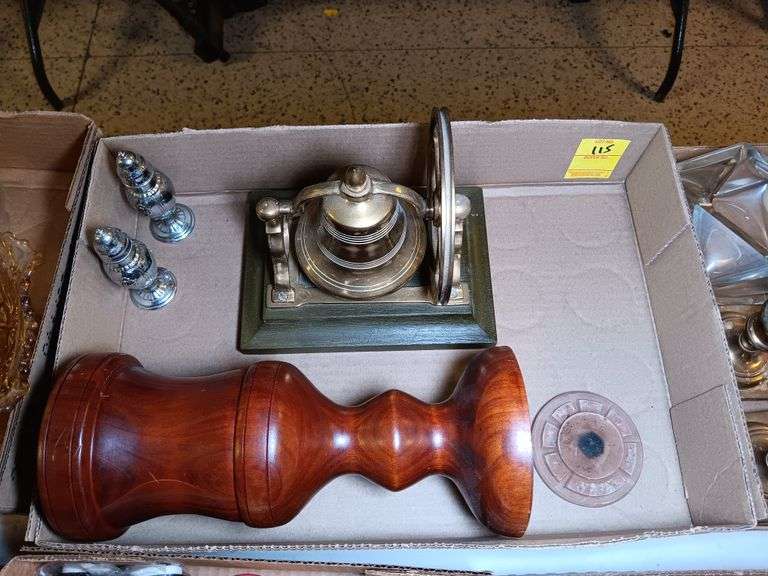 Wooden Plant Stand, Brass Ringing Bell, Salt & Pepper Shakers, and ...