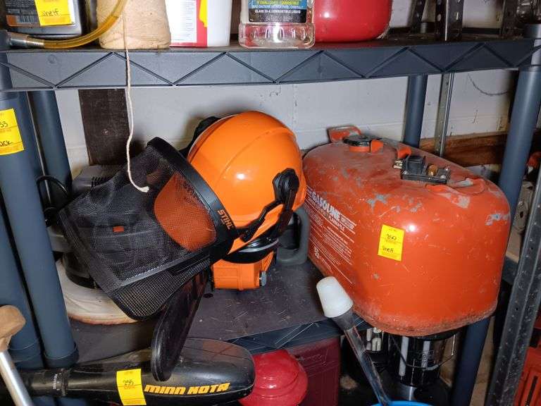 Gas Tank, Small Chainsaw, Buffer, and Stihl Helmet with Face Mask ...
