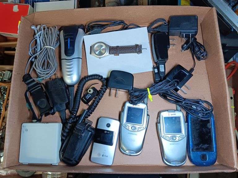 Variety of Cell Phones, Electric Razor, Chargers, and Other Items ...