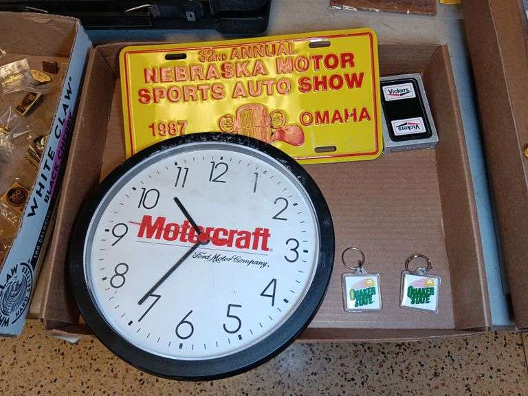 Motorcraft Wall Clock, (2) Quaker State Keychains, Vickers Playing ...