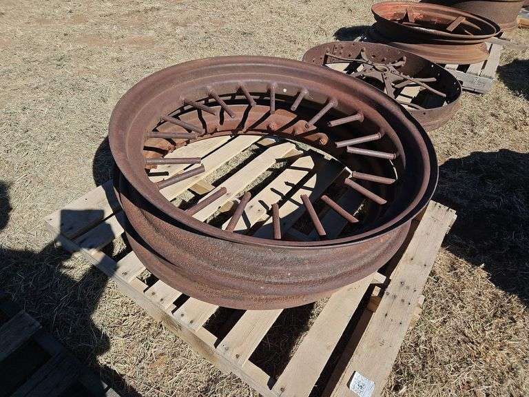 (2) Antique 36" x 6" Cut Off Round Spoke Steel Wheels - Assiter Auctioneers