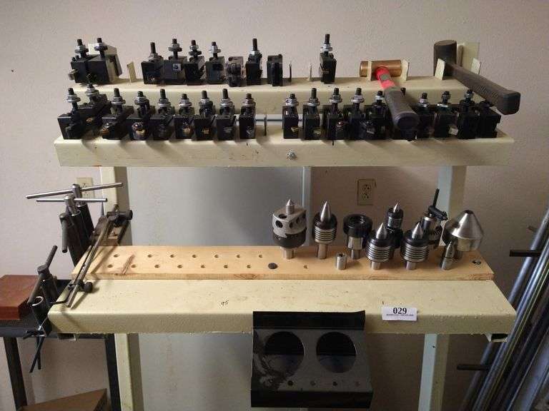 Lathe Tools on Shop Made Cart on Casters 38 x 20 x 70 - Assiter Auctioneers