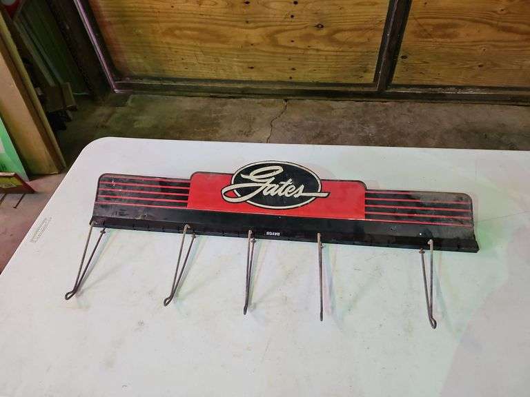 7" x 3' Vintage Gates Belt/Hose Rack w/Metal Sign, Hooks & Wooden Base ...