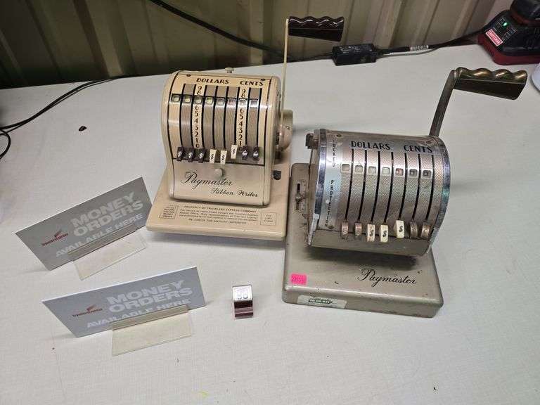 Antique PAYMASTER Ribbon Writer & PAYMASTER Series X-550 Money Order Machine's w/ 2 signs and ...