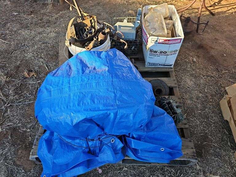 Tarped Compressor & Assorted Glass Jugs, Electrical Parts, Tractor ...
