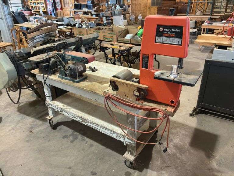 Mobile Shop Table w/Rexon 16” Scroll Saw, Reliant 4”x6” Belt Disc Sander, and Black&Decker Band ...