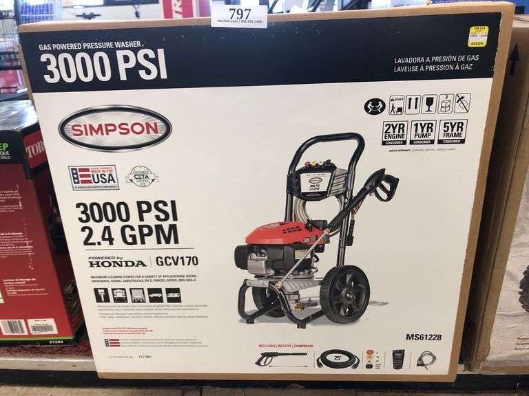 Simpson 3000 PSI 2.4GPM Gas Powered Pressure Washer - Assiter Auctioneers