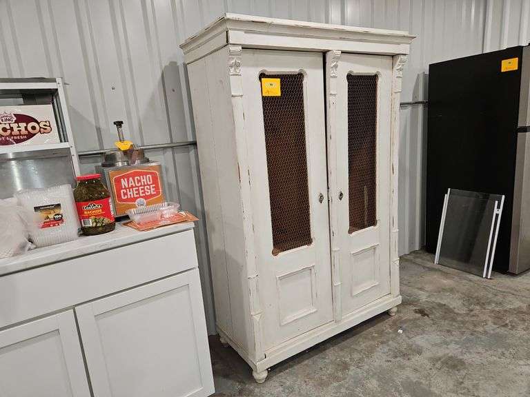 46" Wide x 68" Tall White Wire Mesh Two Door Locking Cabinet W/ Key ...