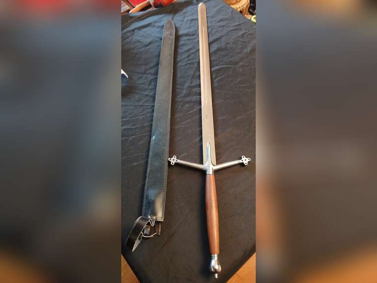 Large 35" double-handled sword with wood engraved handle and leather ...