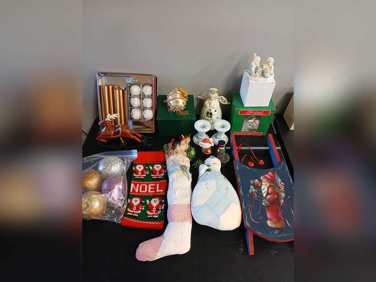 Christmas ornaments, sled, angel, candle sticks, Noel stocking ...